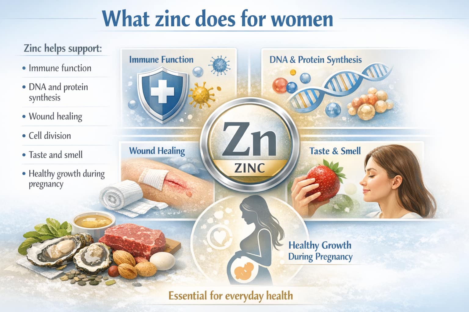 Zinc Benefits for Women: Uses, Daily Needs, Sources & Safety